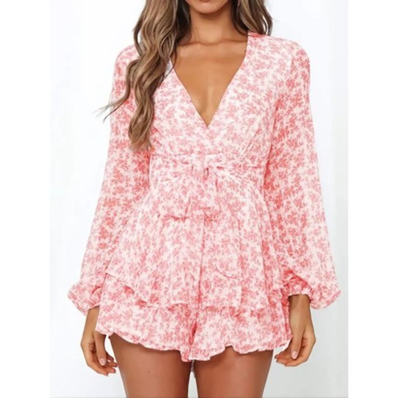 Pants & Jumpsuits | Girly Floral Long Sleeve Romper Pink White Vneck ...